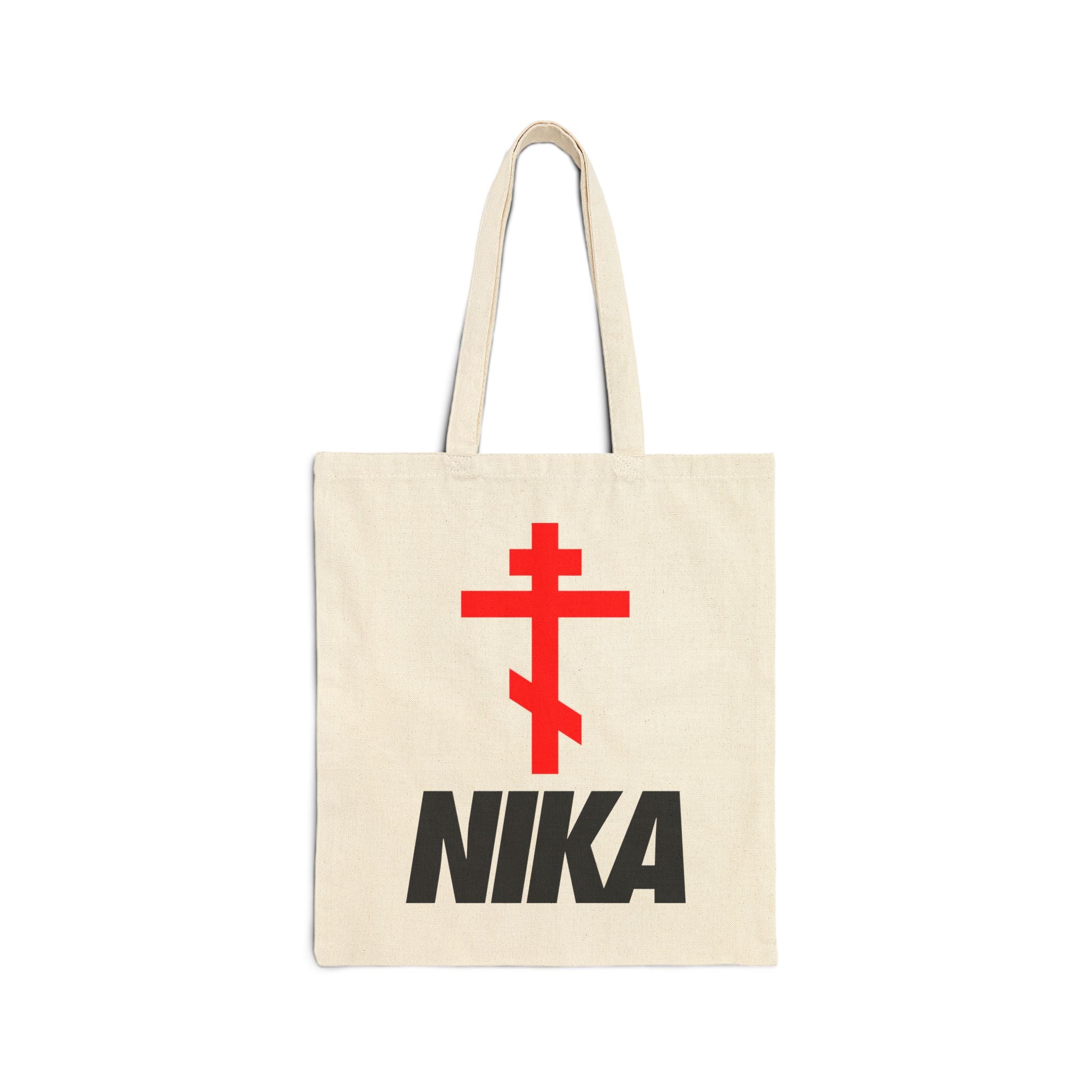 NIKA Red ☦️ Cross White Text NIKE Logo Orthodox Christian Tote Bag